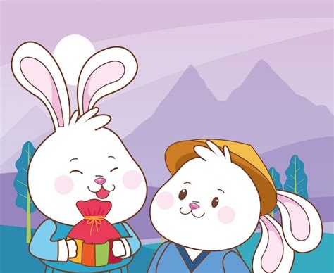 중순가 축제 만화 토끼 프리미엄 벡터