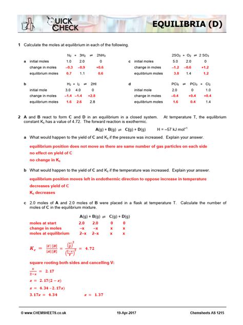 Chemsheets As 1215 Qc Equilibria D Ans Pdf Chemical Equilibrium