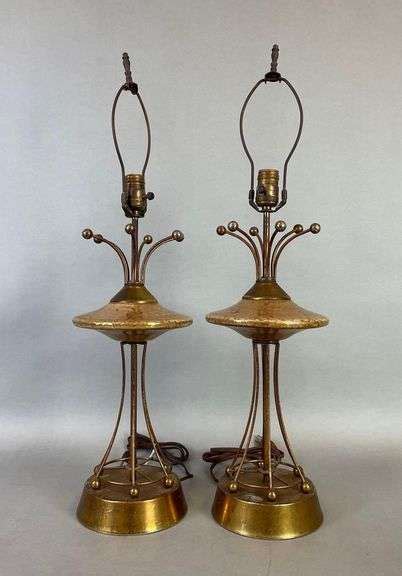 Vintage Pair Of Mid Century Modern Ceramic And Brass Table Lamps