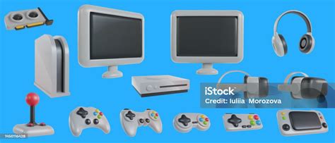최소한의 재미있는 만화 스타일로 3d 현실적인 게임 장치를 설정합니다 게임 패드 콘솔 Vr 헤드셋 모니터 비디오 카드 헤드폰 현대 기술 디자인 요소 컬렉션 벡터 그림 또는