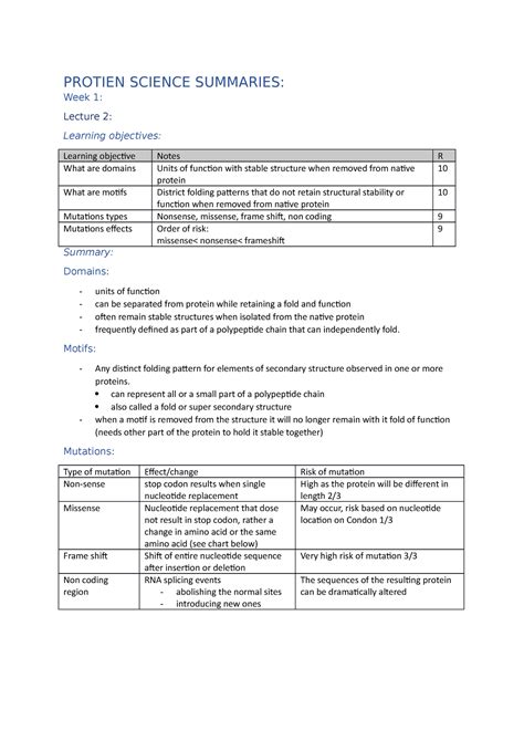 Protien Sceince Sumamries Module 1 Lecture 2 Protien Science