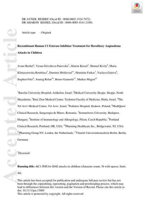 Pdf Recombinant Human C1 Esterase Inhibitor Treatment For Hereditary
