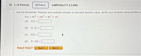 solved use the remainder theorem and synthetic division to
