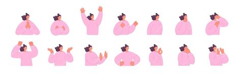 다른 감정 여자 아름 다운 소녀 식 얼굴과 몸의 감정 만화 여성 분위기 아바타 발언 벡터 문자 프리미엄 벡터