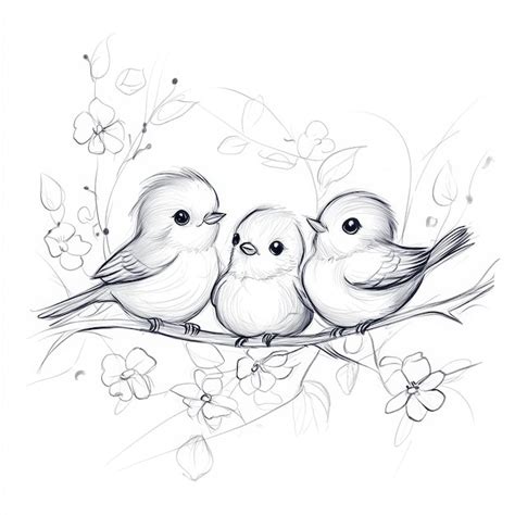 A Drawing Of Three Birds On A Branch With Flowers And The Word Birds