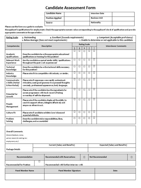 Candidate Assessment Form Pdf Knowledge Experience