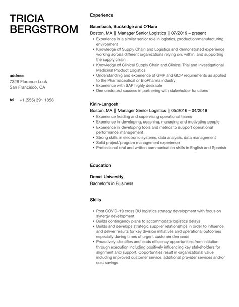 Manager Senior Logistics Resume Samples Velvet Jobs