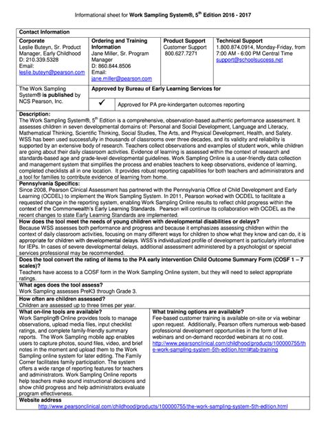 Fillable Online Informational Sheet For Work Sampling System 5 Edition
