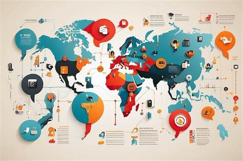 Redes sociais Várias formas brilhantes Pictogramas definidos o Mapa do Mundo nas redes de