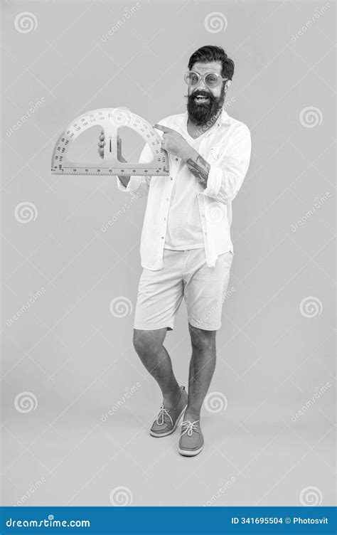 Photo Of Man Hold Geometry Protractor Pointing Finger Isolated On
