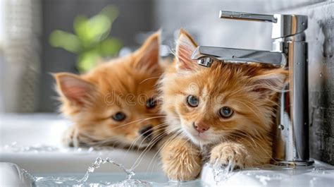 Adorable Ginger Kittens Playing With Water In A Sink Stock Illustration