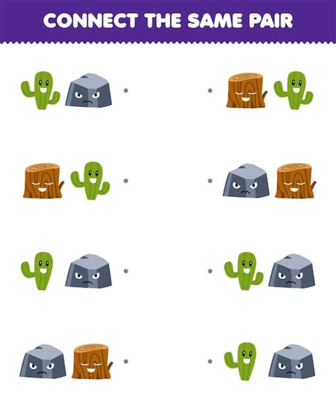 어린이를 위한 교육 게임은 귀여운 만화 선인장 나무 통나무와 암석 쌍 인쇄 가능한 자연 워크시트의 동일한 그림을 연결합니다 프리미엄 벡터