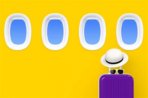 노란색 배경에 선글라스 모자 비행기 창문이 있는 현대적인 보라색 가방 가방을 닫습니다 여행 개념 휴가 여행 공간을 복사합니다