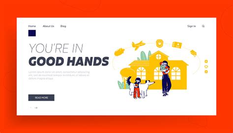 가족 재산 생명 및 건강 보험 방문 페이지 템플릿 아기와 함께 있는 어머니 장로 아이와 개가 코티지 앞에 서 있습니다 아이 캐릭터와 여자입니다 선형 사람 벡터 일러스트레이션