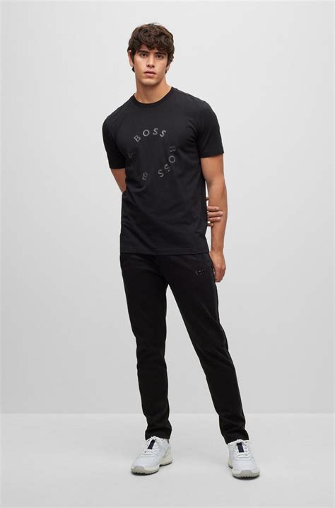 Boss Stretch Cotton T Shirt With Circle Logo Prints Black