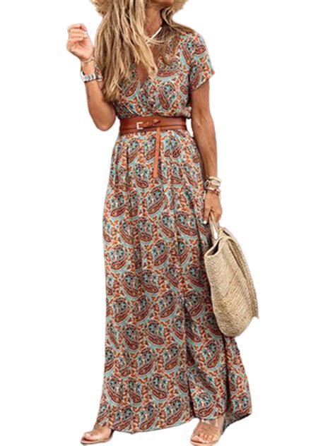 DYMADE Women Wrap V Neck Boho Short Sleeve Loose Floral Printed Maxi Dress Walmart