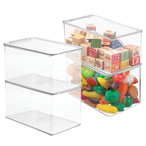Mdesign Plastic Stackable Toy Storage Bin Box Hinge Lid 4 Pack Clear