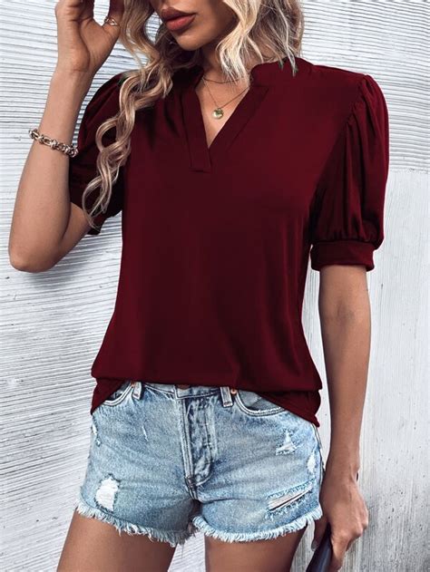 Shein Lune Notched Neckline Puff Sleeve Tee Shein Usa