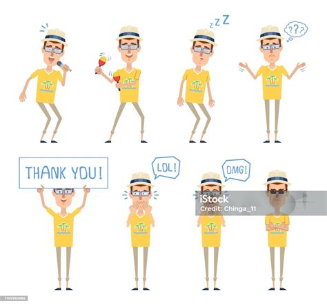 다른 상황에서 포즈를 취한 관광 캐릭터의 집합입니다 쾌활 한 관광 노래 춤 자 고 생각 하 고 웃 고 깜짝 감사 포스터를 들고 감사합니다에 대한 스톡 벡터 아트 및 기타