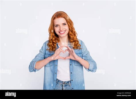Photo Of Young Attractive Girl Happy Positive Smile Show Fingers Heart