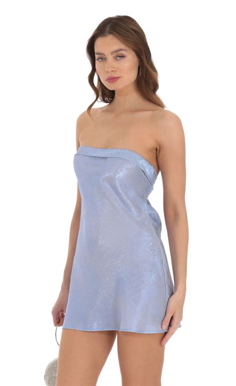 Shimmer Satin Strapless Slip Dress In Blue Lucy In The Sky
