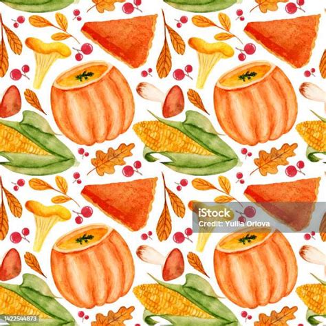 다양한 추수 감사절 음식의 수채화 다채로운 패턴 호박 옥수수 버섯 열매 호박 파이 흰색 배경에 수프 가을에 대한 스톡 벡터 아트 및 기타 이미지 Istock