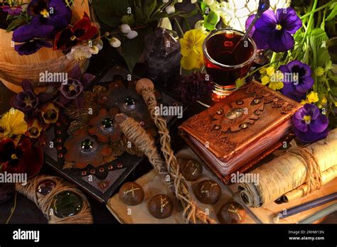 Still Life With Magic Wands Parchments And Scrolls With Runes On Witch