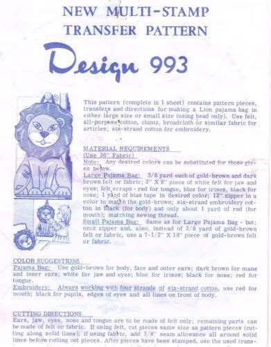 1960s Vintage Design Mail Order Transfer Pattern 993 Cute Lion Laundry