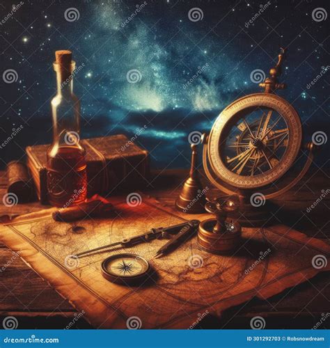 Vintage Tableau With Old Books Feather Quill Hourglass Illuminated By
