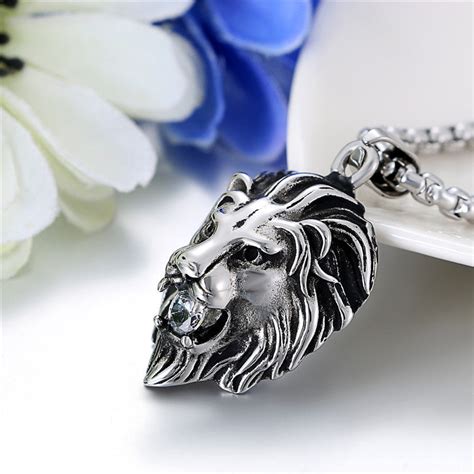 Mens Vintage Look 14k Black Stainless Steel Lion Head Cz Pendant Chain