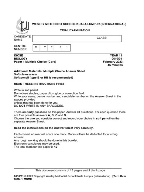 Trial Igcse P1 2022 2023 Pdf Fertilisation Zygosity