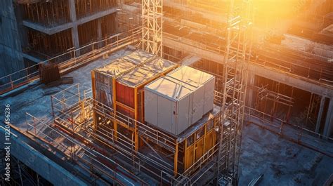 Foto De Stock Dual Voltage Portable Generator At Elevated Construction Site Aerial View With