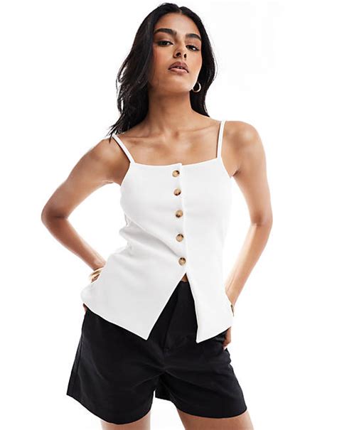 Asos Design Rib Button Through Top With 90s Boat Neck In White Asos