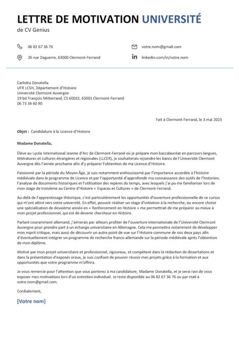 Lettre de motivation université Modèle et exemple