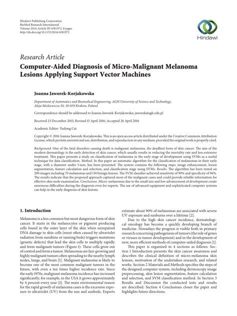 Pdf Computer Aided Diagnosis Of Micro Malignant Melanoma Lesions Applying Support Vector Machines