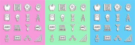 Set Line Triangular Ruler Alphabet Drawing Compass Ringing Alarm Bell Light Bulb With