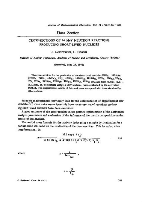 Pdf Cross Sections Of 14 Mev Neutron Reactions Producing Short Lived Nuclides Dokumentips