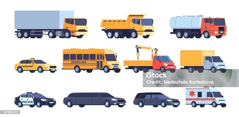 자동차와 트럭 대중 교통 크레인 또는 수조가 있는 산업용 기계 리무진과 구급차 경찰 자동차 밴이 있는 트럭 차량 통행량 자동 전송 벡터 세트 교통에 대한 스톡 벡터 아트 및