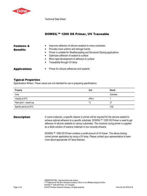 62 1674 01 Dowsil 1200 Os Primer Uv Traceable Pdf Silicone Materials
