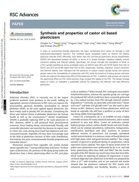 Pdf Synthesis And Properties Of Castor Oil Based Plasticizers