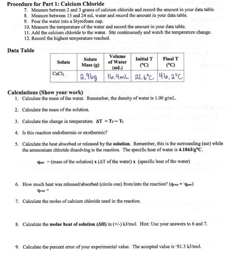 Solved Procedure for Part 1: Calcium Chloride 7. Measure | Chegg.com
