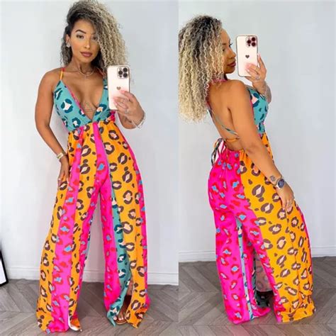 Macacão Longo Feminino Fenda Frente Estilo Farm Onça Mix Parcelamento sem juros