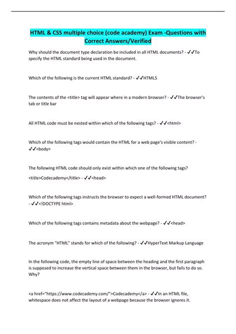 Html And Css Multiple Choice Code Academy Exam Questions With Correct