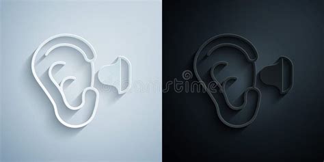 Paper Cut Earplugs And Ear Icon Isolated On Grey And Black Background