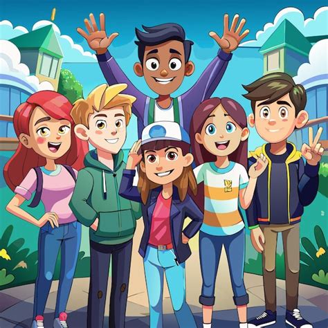 Group Of Happy Cartoon Friends Standing Together Premium Ai Generated
