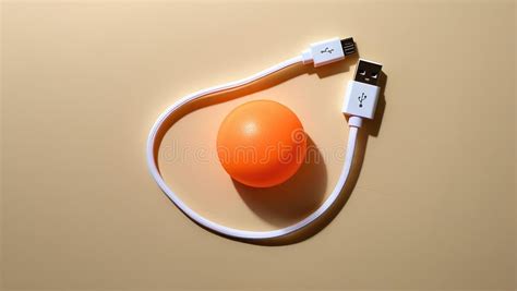 Minimalist Flat Lay Of Usb Cable And Orange Ping Pong Ball Stock