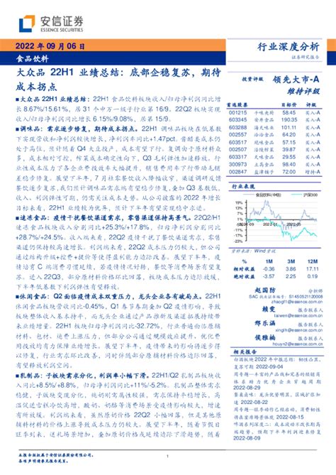 大众品22h1业绩总结：底部企稳复苏，期待成本拐点