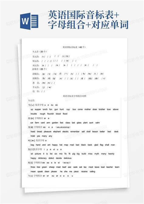 英语国际音标表 字母组合 对应单词Word模板下载 编号qzgovxpw 熊猫办公