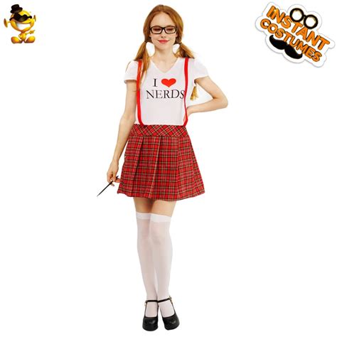 50s Nerd School Girls Costume With Red Plaid Skirt Halloween Cosplay