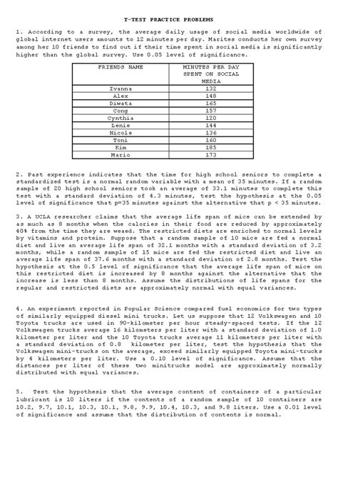T TEST Practice Problems T TEST PRACTICE PROBLEMS According To A Survey The Average Daily